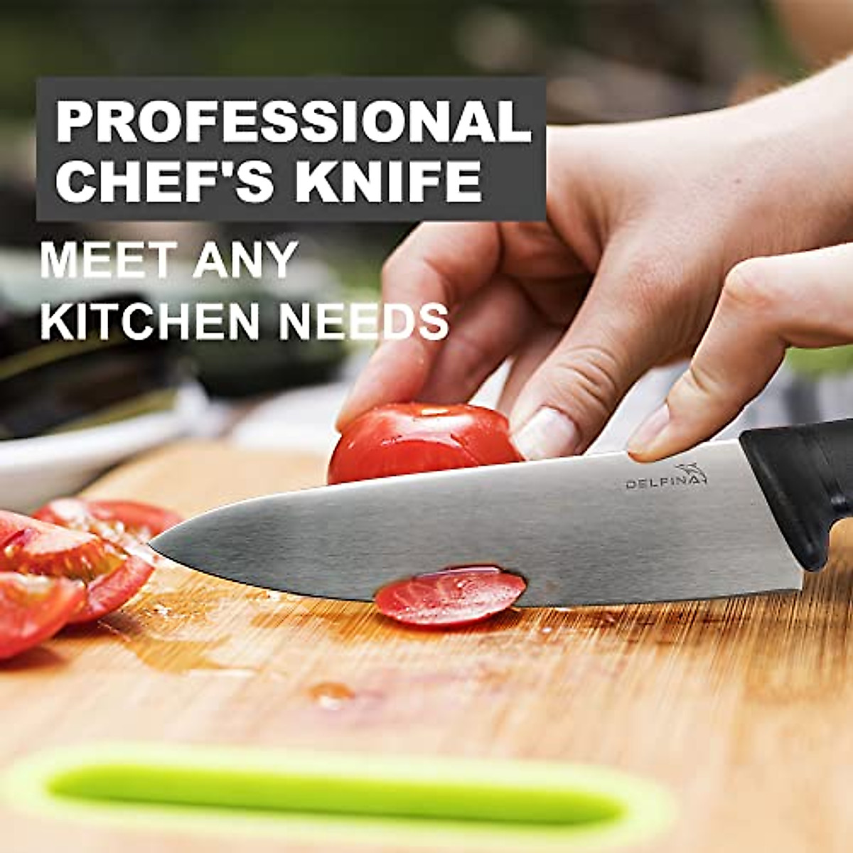DELFINA Chef Knife, 8 Inch Kitchen Knife with Sheath, Professional High Carbon Stainless Steel Ultra Sharp Cooking Knife with Ergonomic Handle,Well Balanced & Easy to Clean