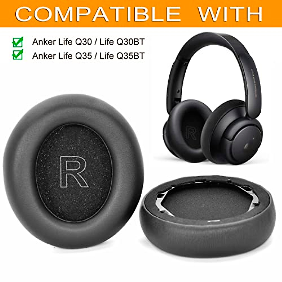 Life Q30 / Q35 Earpads - defean Replacement Ear Cushion Foam Cover Ear Pads Compatible with Anker Soundcore Life Q30 / Q35 BT Headphones, Softer Leather,High-Density Noise Cancelling Foam (Black)