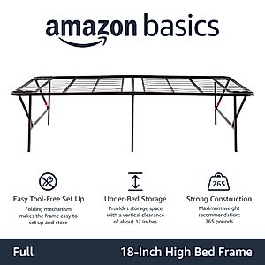 Amazon Basics Foldable Metal Platform Bed Frame with Tool Free Setup, Sturdy Steel Frame, No Box Spring Needed, Full, Black, 75 x 54 x 18 inches (LxWxH)