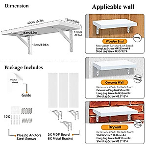 VOGGV Floating Shelves, Wall Shelves with Triangle Brackets, Wall Mounted Floating Shelf Multifunctional Storage Decor for Living-Room, Bathroom, Dining Room, Office, Bedroom, Set of 3, White