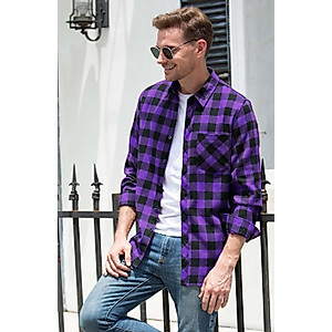 Cromoncent Men's Casual Plaid Flannel Long Sleeve Button Down Shirt,Purple Black,Medium