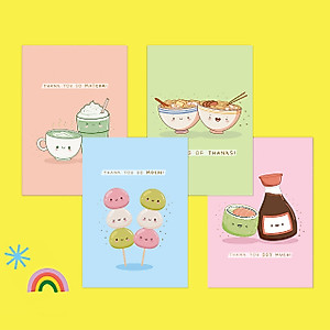 CENTRAL 23 Kids Thank You Cards - 4 Cute Designs - Set Of 48 Multipack - Colorful Kawaii Japanese Food Puns - Small Thank You Notes With Envelopes For Children - Blank Inside With Cute Stickers
