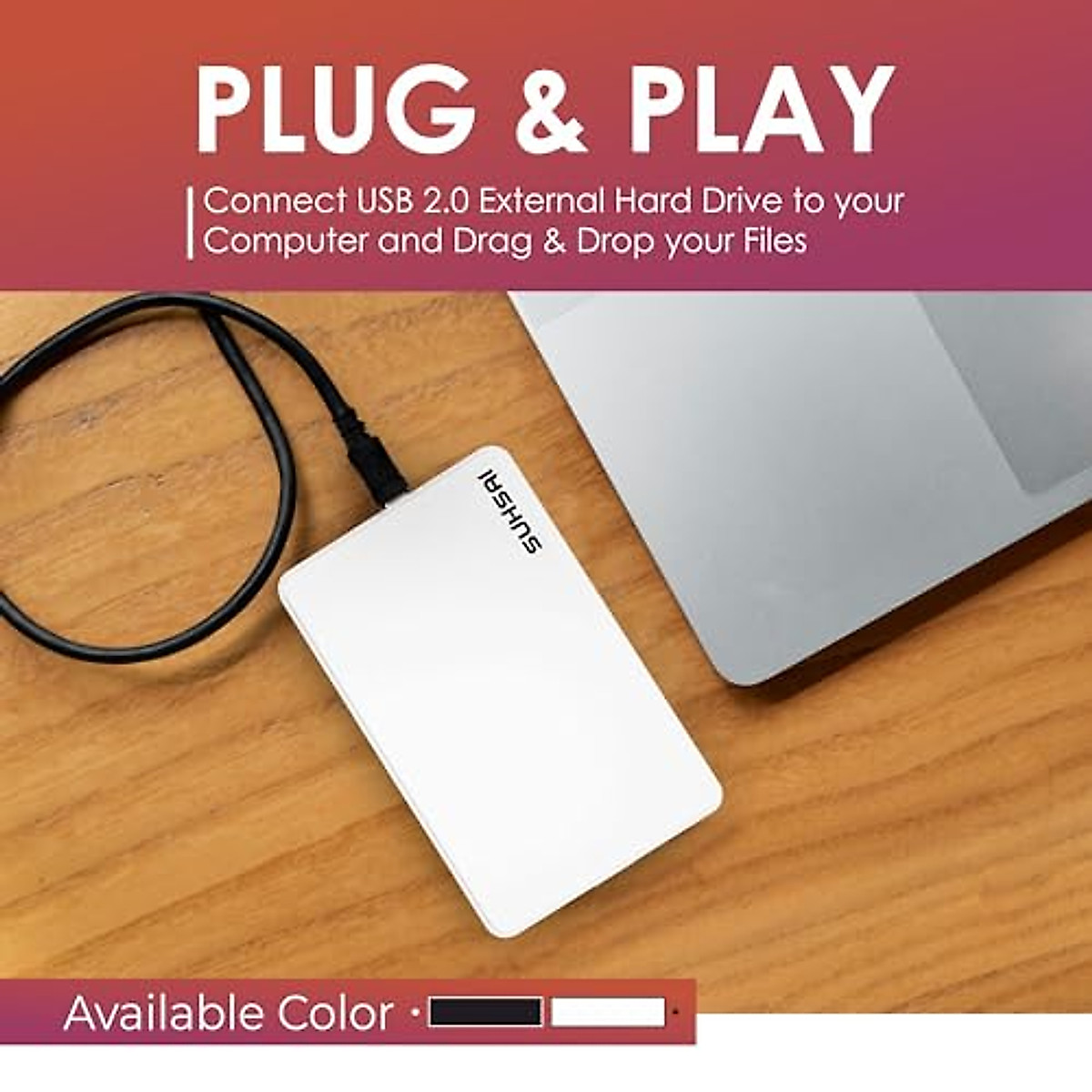 SUHSAI Portable 1TB External Hard Drive, HDD Backup Storage with USB 2.0 Fast Data Transfer, Ultra Slim & Light Hard Disk 2.5” Compatible with PC, Mac, Window, Laptop, and Desktop (White)