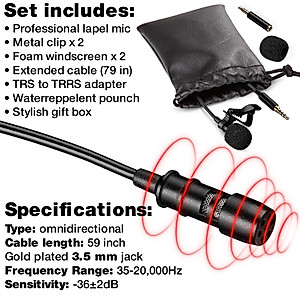 Lavalier Microphone - Professional Lapel Mic For Recording Interview, Podcast, Speech, Vlog, Video, Youtube - External Mic For IPhone, Android, Laptop - Pro Grade Lapel Microphone - Clip On Microphone