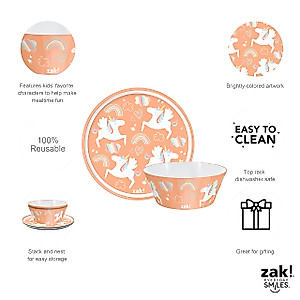zak! Unicorn - 5-Piece Dinnerware Set - Durable Plastic & Stainless Steel - Includes Water Bottle, 8-Inch Plate, 6-Inch Bowl, Fork & Spoon - Suitable for Kids Ages 3+