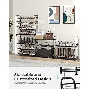 SONGMICS Stackable Shoe Rack, 4 Tier Metal Shoes Rack Storage Shelf, Holds up to 20 Pairs Shoes, Adjustable Slanted Shelves Shoe Tower Organizer for Closet Entryway Small Spaces, Black