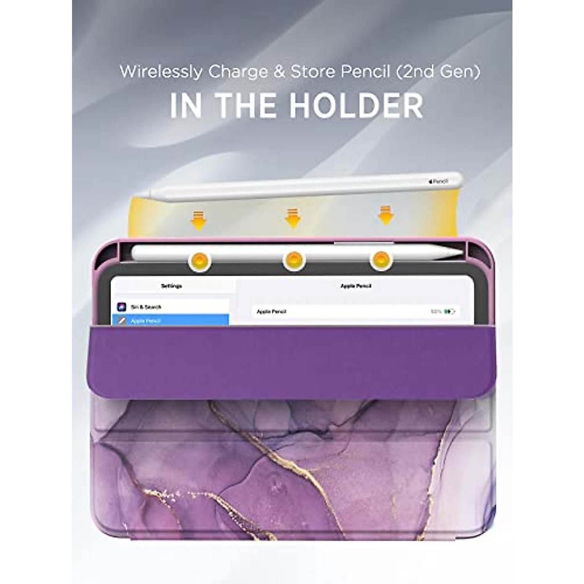 MoKo Case Fit New iPad Mini 6 Case with Pencil Holder (6th Gen 8.3 inch 2021), Soft TPU Frame Hard PC Clear Transparent Back Shell Smart Cover for iPad Mini 6 2021, Auto Wake/Sleep, Marble Gold Purple