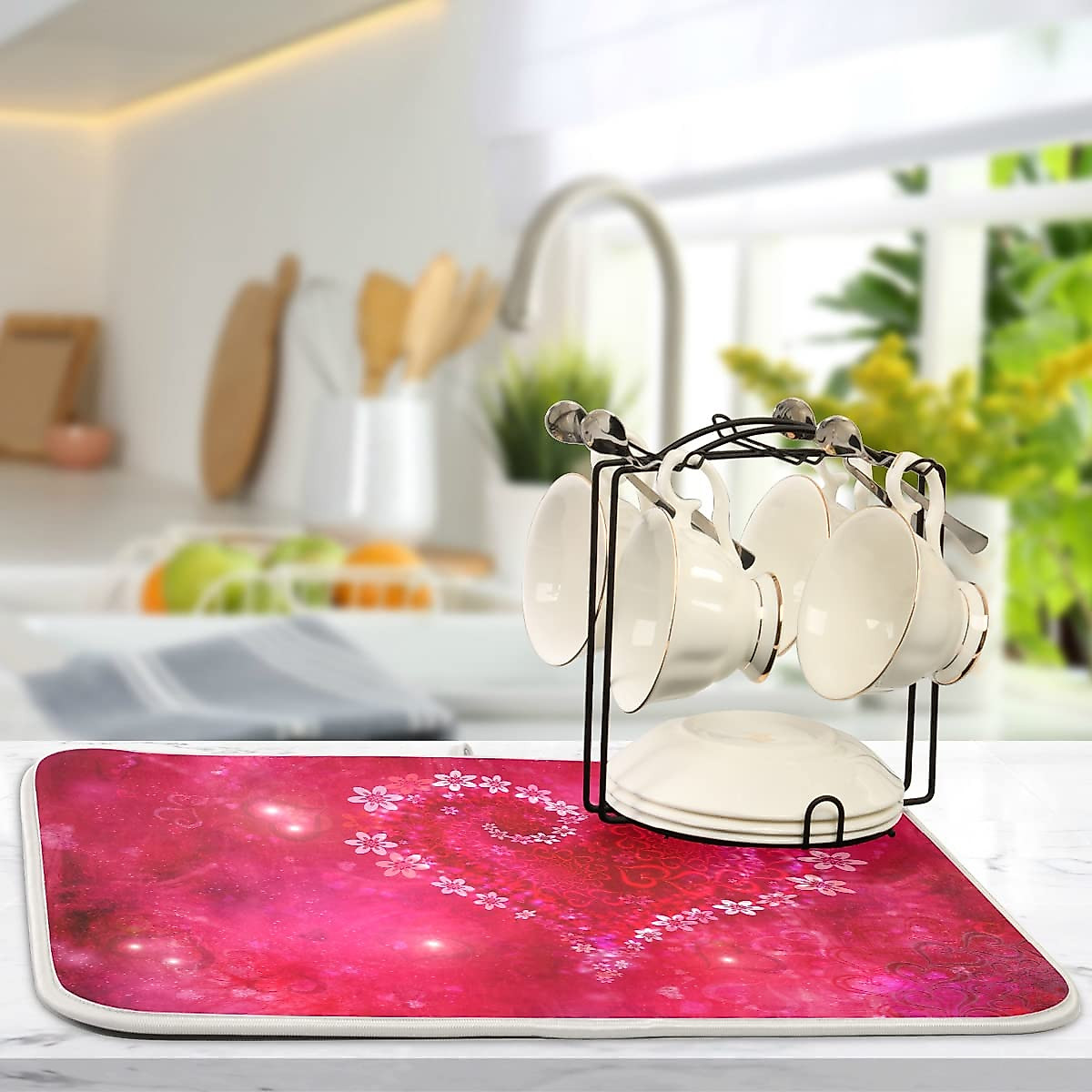 Valentines Day Love Heart Dish Drying Mat, Absorbent Drying Pad Dish Mat Large Kitchen Mat, 16" x 18"