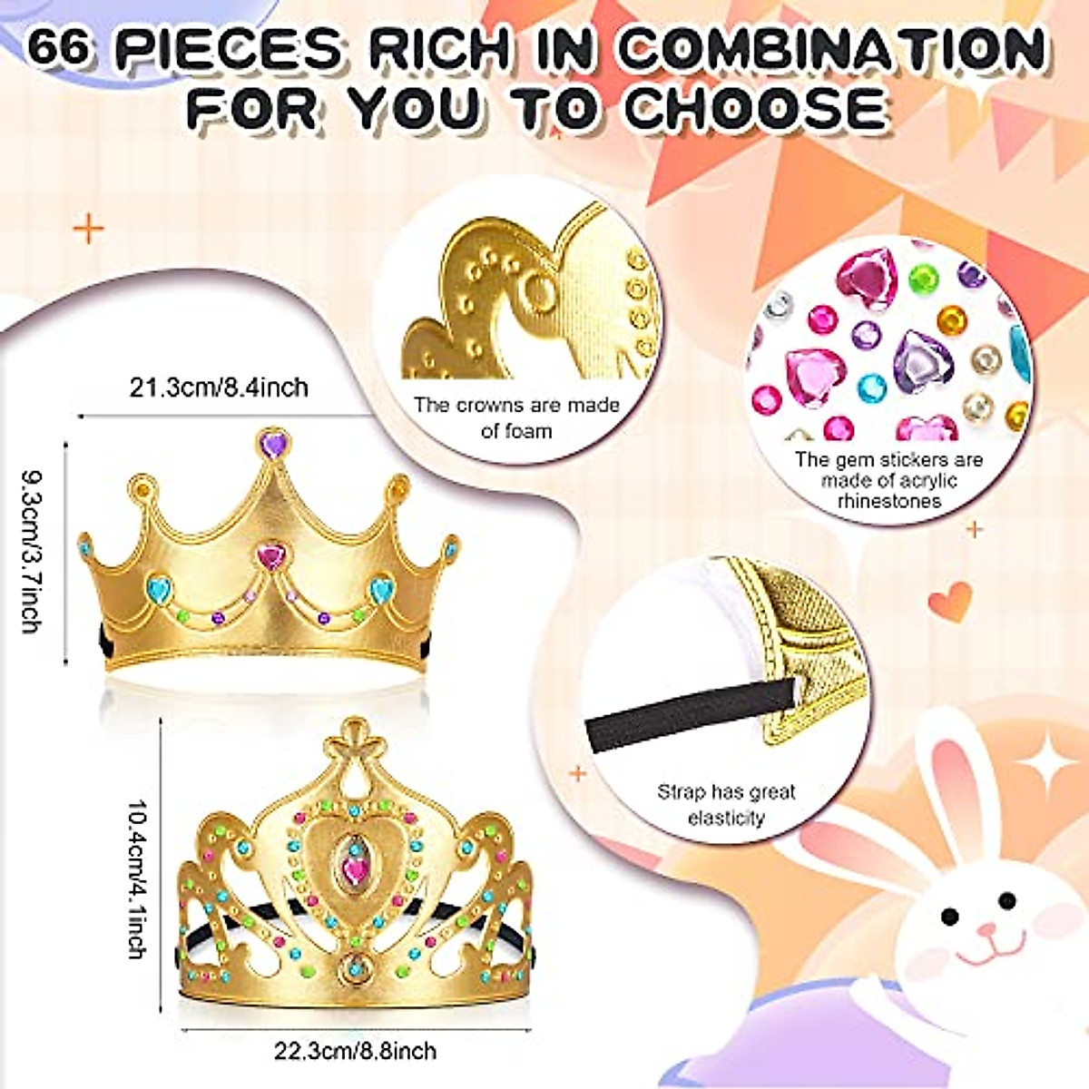 Yaomiao 66 Pieces Foam Princess Tiaras DIY Crowns Kids Party Favors Craft Crystal Diamond Sticker Girls Making Your Own Tiara (Gold)
