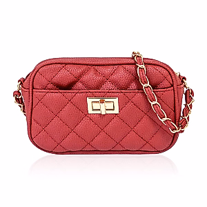 Classic Vegan Leather Small Crossbody Handbag - Rectangle Camera Travel Purse Satchel Shoulder, Round Messenger Bag (Camera Chain Crossbody - Quilted Rose Gold)