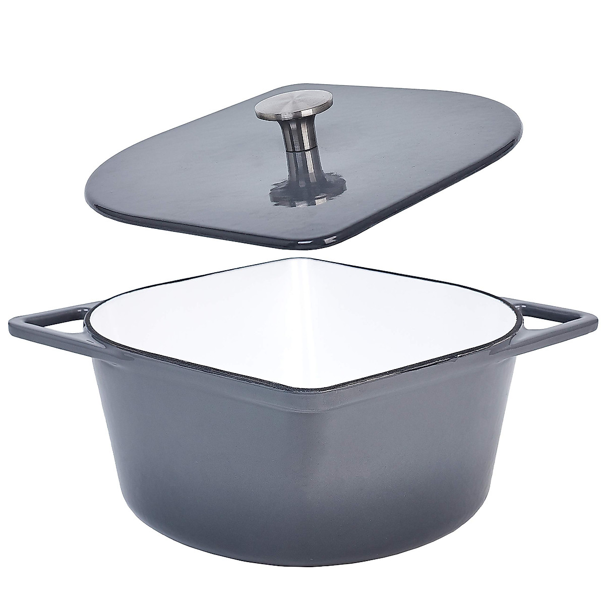 Bruntmor 3 Quart Cast Iron Enameled Dutch Oven Modern Squoval Shaped Design. Nonstick Seasoned Pot With Stainless Steel Knob for Dinner, Grey, Enamel Cast Iron.