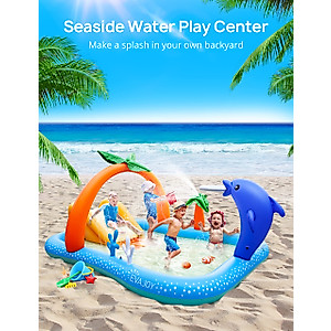 Kiddie Pool,Evajoy Inflatable Play Center Kiddie Pool with Slide, Wading Lounge Kids Pool, Coconut Palm Sprinkler, Ball Toss Game for Toddler, Kid Children, Garden Backyard Water Park, 95''x75''x40''
