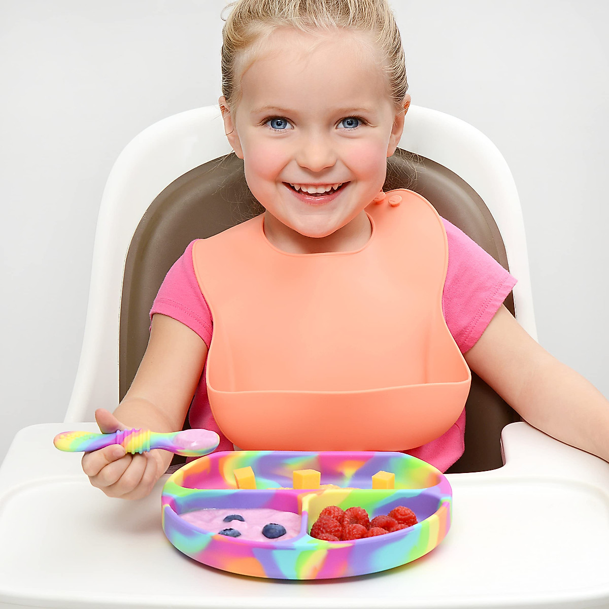 PrimaStella Unbreakable Silicone Non-Slip Plate and Chew Spoon Set for Babies and Toddlers
