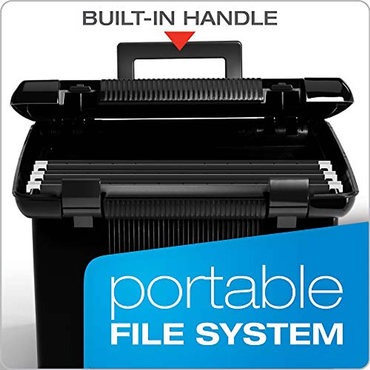 Pendaflex Portable File Box with File Rails, Hinged Lid with Double Latch Closure, Black, 3 Black Letter Size Hanging Folders Included (41742AMZ)