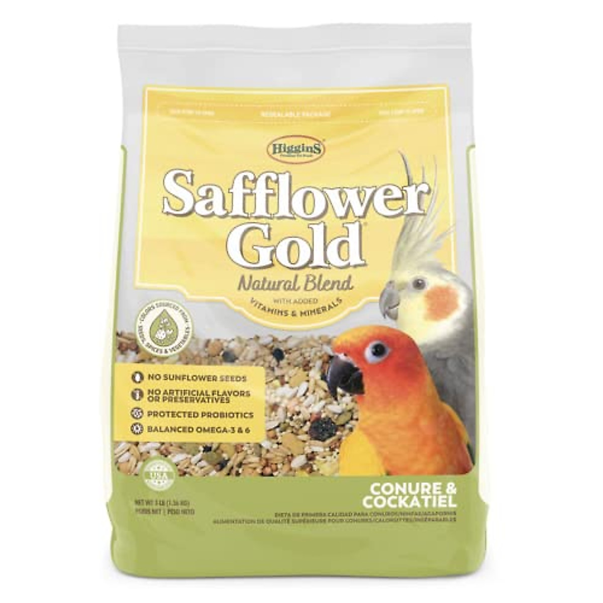 Higgins 2 Pack Safflower Gold Natural Conure & Cockatiel Food. 3 LBS. Ea Safflower Gold Natural Conure & Cockatiel Food. 2 Bags 6 Pounds Total.