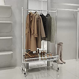 ARALEL Garment Rack Silvery Metal Clothing Rack On Wheels Heavy Duty Garment Rack with Storage Basket Sturdy Clothes Rail for Hanging Clothes Space Saving Coat Rack for Bedroom(Size:58X40X174CM)