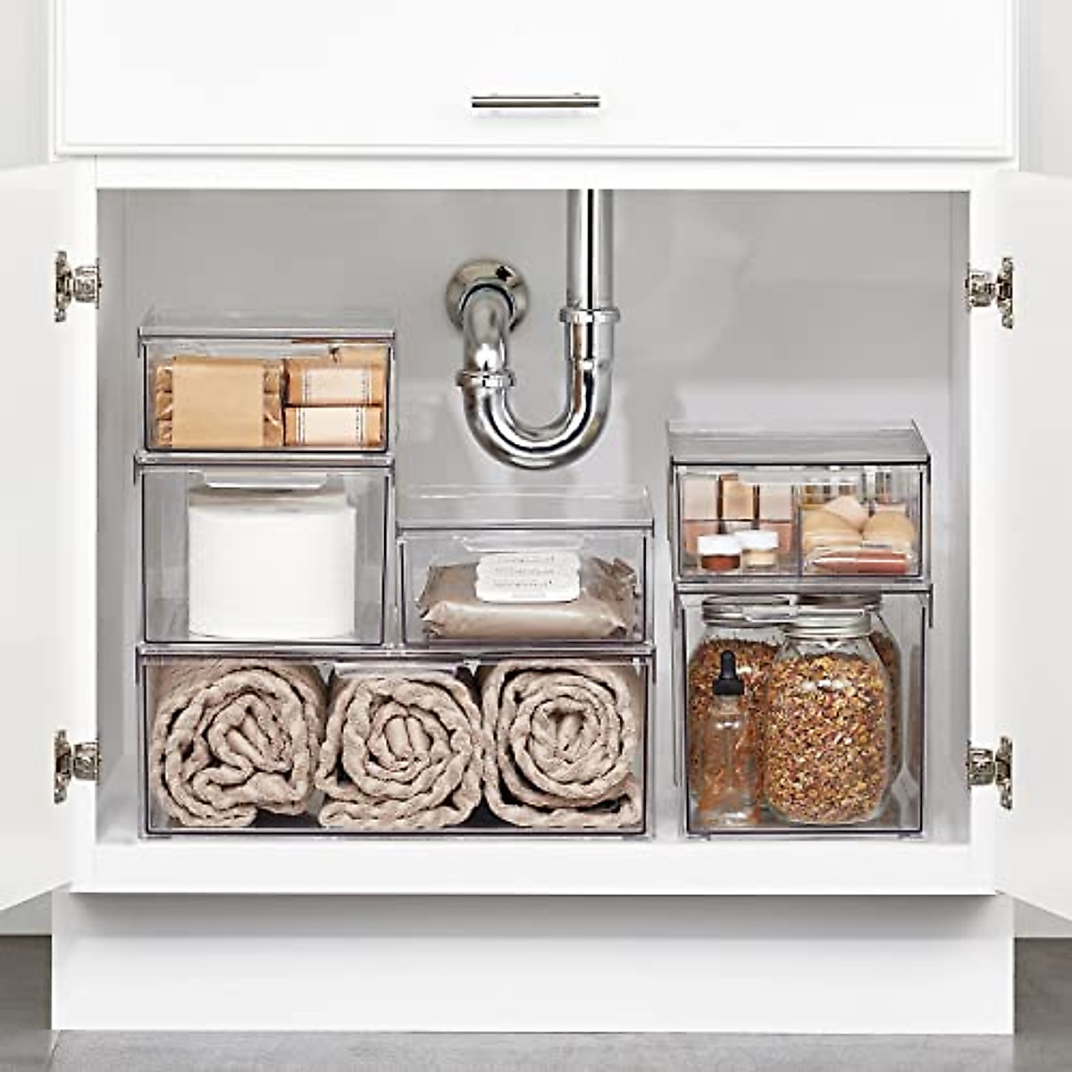 mDesign Plastic Stackable Bathroom Storage Organizer Bin with Pull Out Drawer for Cabinet, Vanity, Shelf, Cupboard, Cabinet, or Closet Organization - Lumiere Collection - 8 Pack - Clear