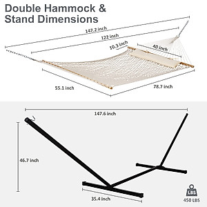SUNCREAT Double Outdoor Hammock with Stand Included, Portable Cotton Rope 2 Person Hammock for Outdoor, Patio, Garden, Backyard, Beige