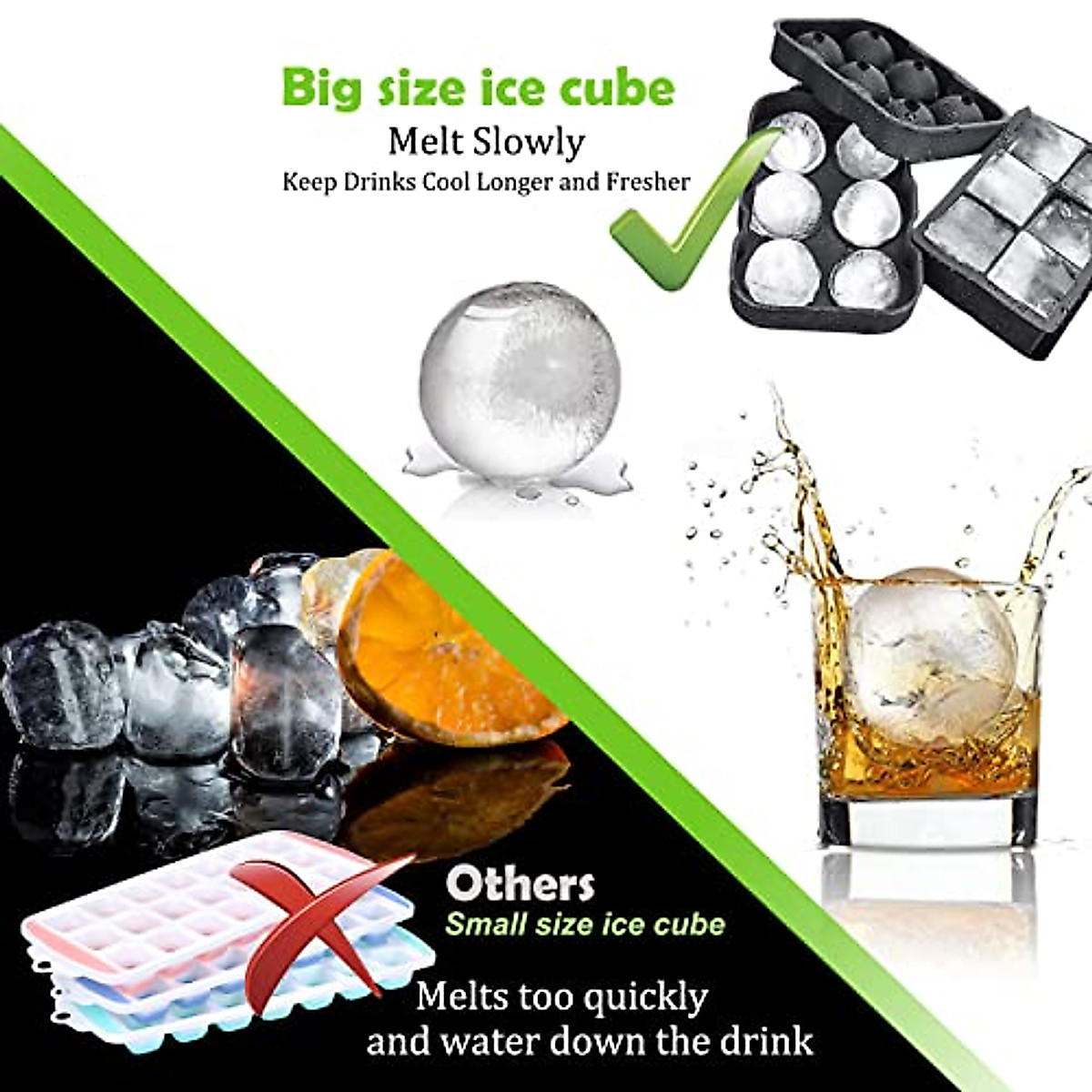Hocerlu Ice Cube Trays (Set of 2), Silicone Sphere Ice Cube Mold with Lid & Large Square Ice Tray - Melt Slowly and Less Dilution - for Whiskey, Cocktails and Homemade Freezer - Easy Release, Black