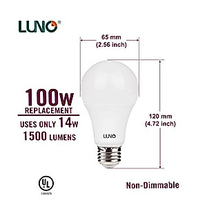 LUNO A19 Non-Dimmable LED Bulb, 14W (100W Equivalent), 1500 Lumens, 5000K (Daylight), Medium Base (E26), UL Certified (6-Pack)