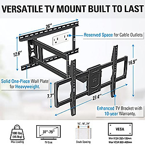 Mounting Dream Long Arm TV Wall Mount for 37-75 Inch TV, Corner TV Wall Mount with 32” Long Extension, Full Motion TV Mount Swivel & Tilt, Fits Max VESA 600x400mm,100 lbs, 16”,18”,24” Studs MD2285-LA