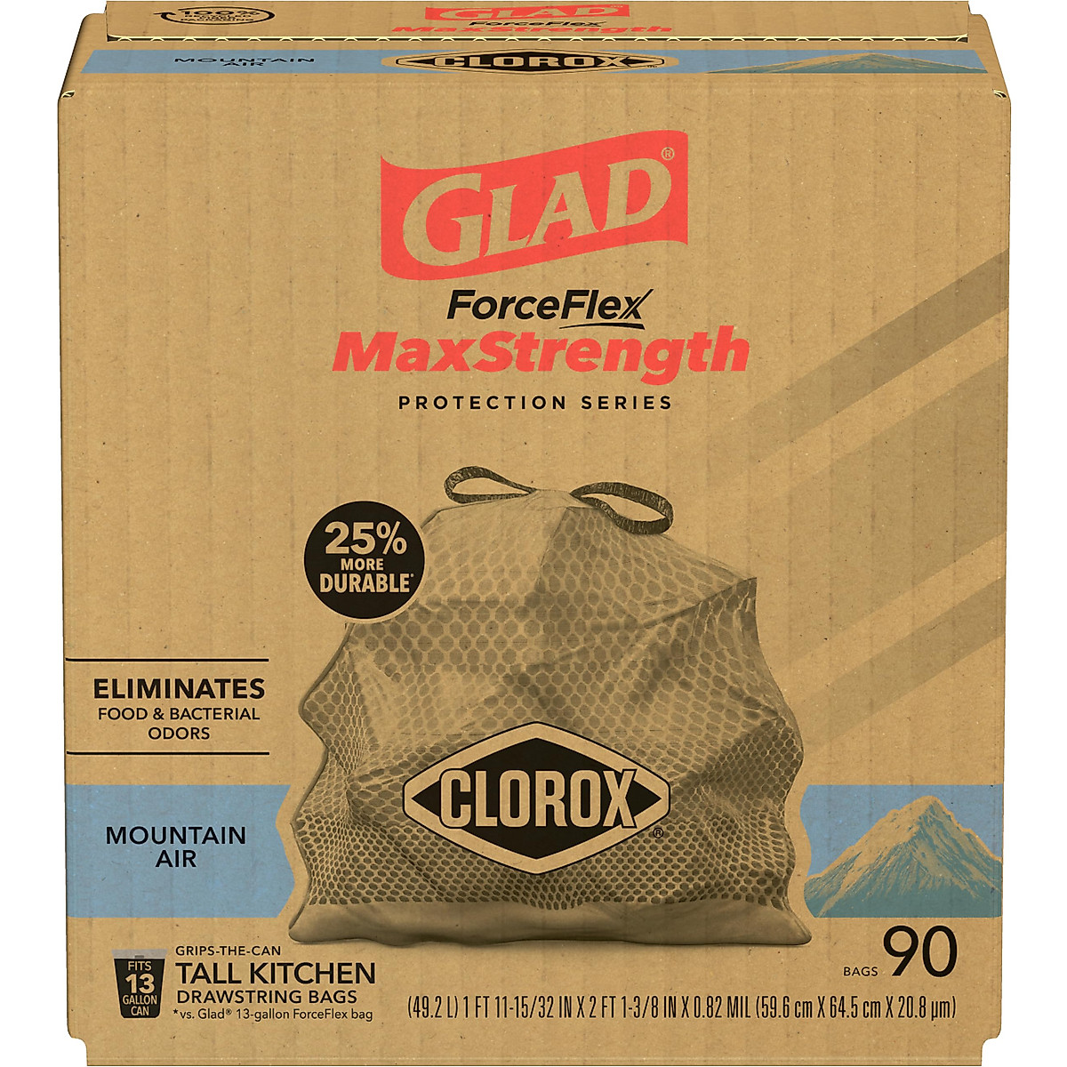GLAD ForceFlexPlus Tall Kitchen Drawstring Trash Bags with Clorox, 13 Gallon White Trash Bag for Kitchen, Mountain Air Scent, 90 Count