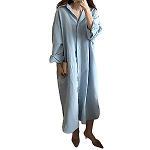 GGUHHU Womens Chic Button Down Rolled-Up Sleeve Long Cotton Blouse Maxi Dress (Medium, Light Blue)