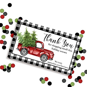 Black Buffalo Plaid Red Watercolor Pickup Truck Christmas Holiday Customer Appreciation Package Inserts for Small Businesses, 100 2" X 3.5” Single Sided Insert Cards