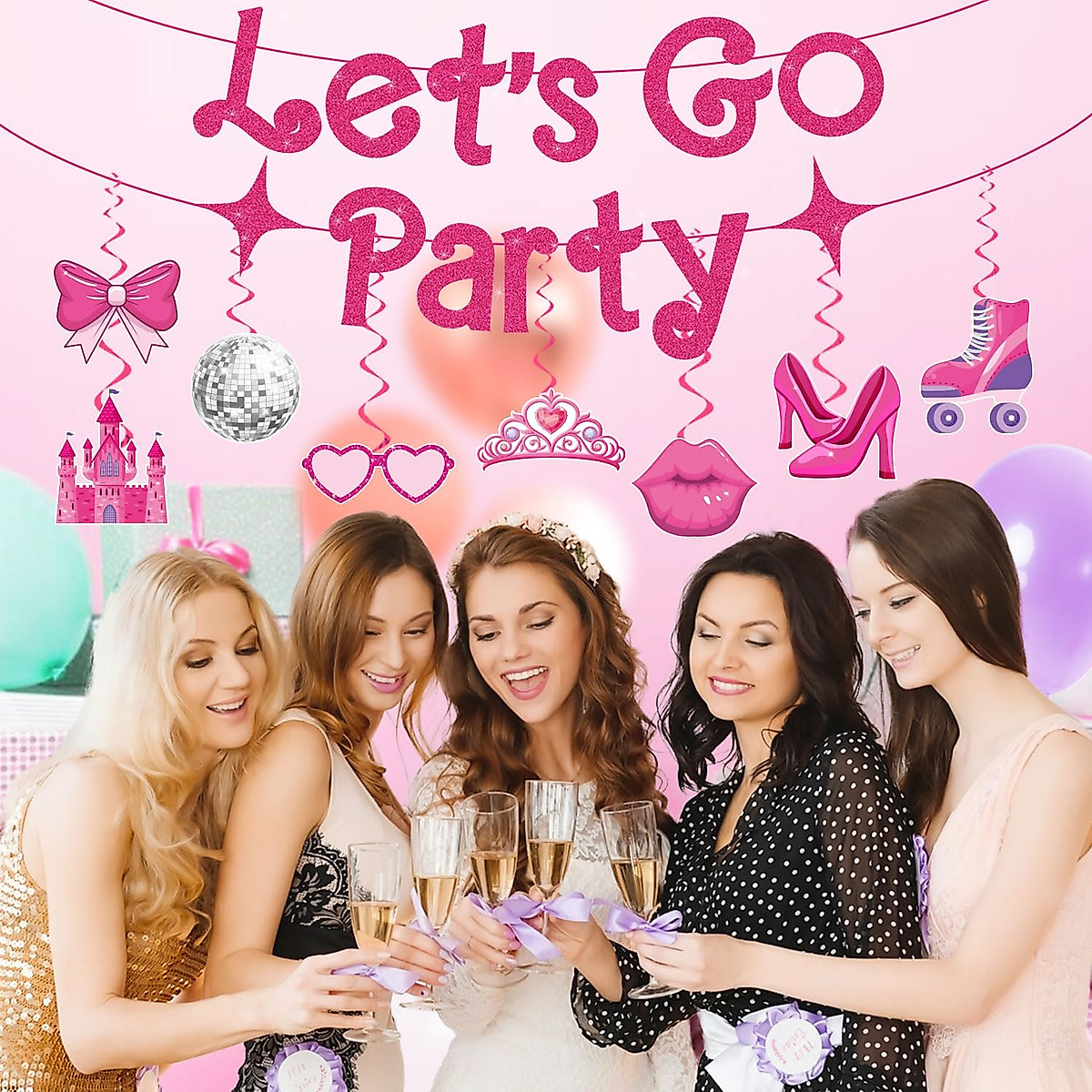 Pink Princess Birthday Hanging Decorations, with 1pcs No Diy Lets Go Party Banner And 8pcs Pink Princess Hanging Swirls, Pink Disco Party Decorations, Pink Bachelorette Party Decorations
