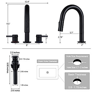 HGN Widespread Bathroom Faucet 3 Hole 8 inch Bathroom Sink Faucet with Pull Down Sprayer Pull Out Bathroom Faucet with Pop-Up Drain 2 Handle Black Bathroom Faucet