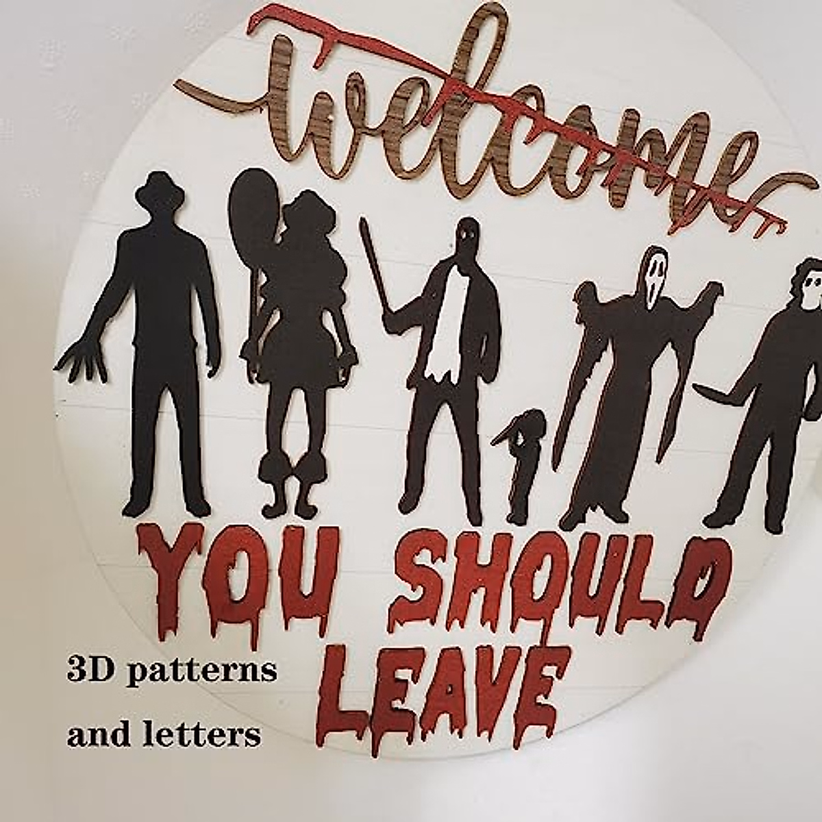 3D Horror Welcome Sign for Front Door Halloween Horror Classic Movie Character Welcome Wooden Door Sign Hanging Decoration,Halloween Wreath for Home Party Indoor Outdoor Porch Wall Decor