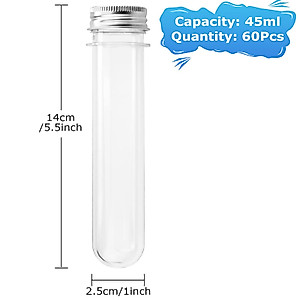 ACXFOND 60Pcs Clear Plastic Test Tubes with Caps 45ml Clear Candy Tubes Plastic Tubes for Bath Salts, Candy, Beads Storage, Science Lab, Party