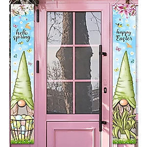 Easter Porch Sign Banner-Easter Gnomes Decoration Hello Spring Happy Easter Door Hanging Banner Outdoor Easter Party Supplies Photo Props for Porch