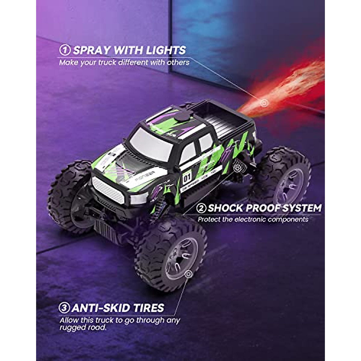 DEERC DE44 Remote Control Monster Truck with Fog Mist, Dual Motors Off Road RC Car, 4WD Rock Crawler with LED Lights, Spray Water Mist, 70+ Min Play, Toy Vehicle for Boys Girls and Adults