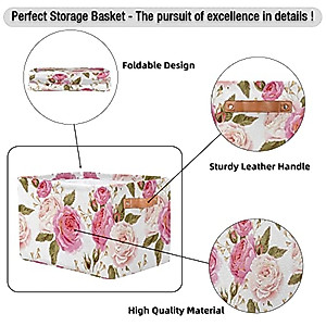 Pardick 2Pack Floral Flower Rose Large Collapsible Storage Bins,Pink Roses Decorative Canvas Fabric Storage Boxes Organizer with Handles，Rectangular Shelves Baskets Box for Home Office Nursery Closet