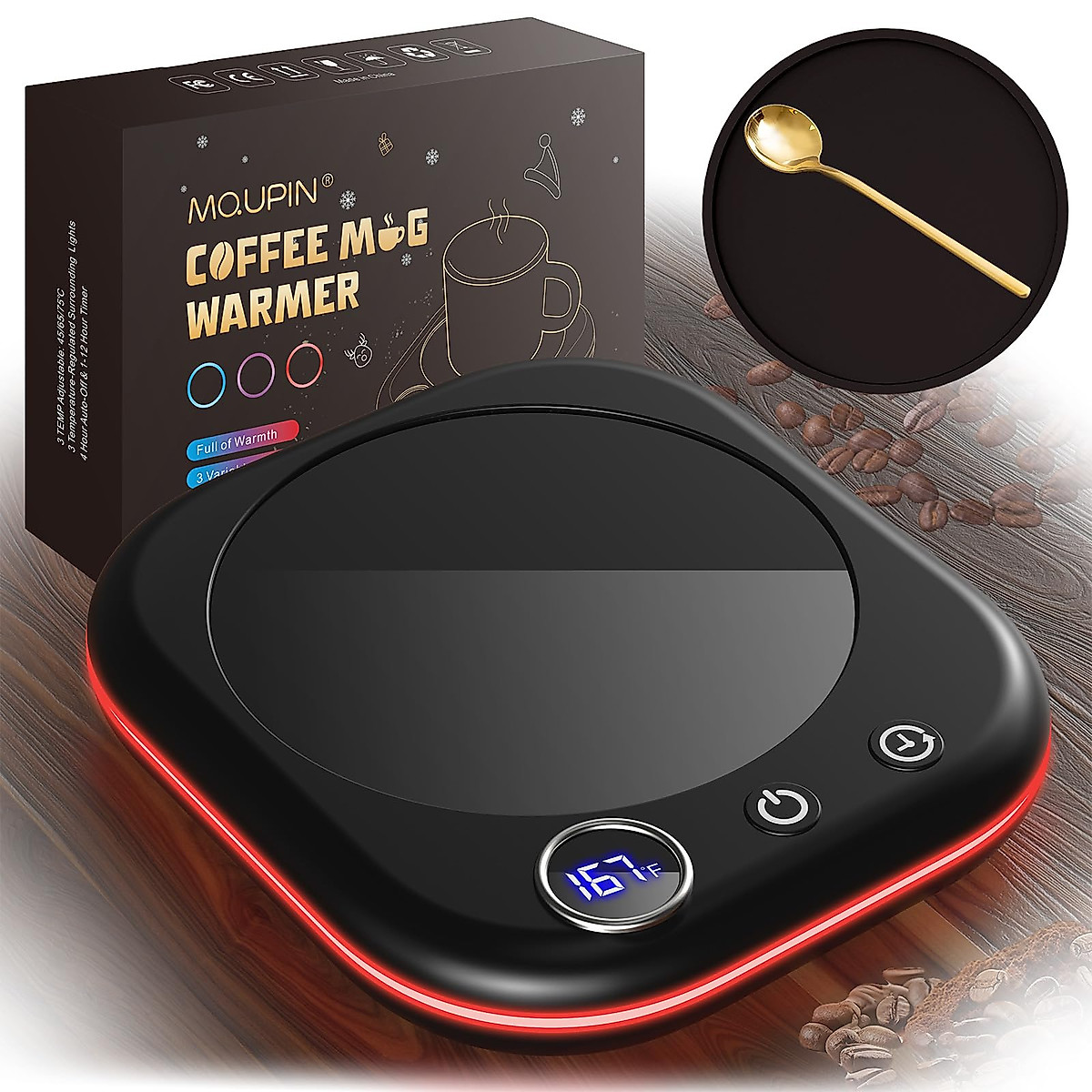 MQUPIN Coffee Warmer, Coffee Cup Warmer for Desk Auto Shut Off, Smart Candle Warmer with Temp Display & 1-12 Hours Timer- 1 Gold Coffee Spoon & 1 Black Insulating Mat Included (Black)