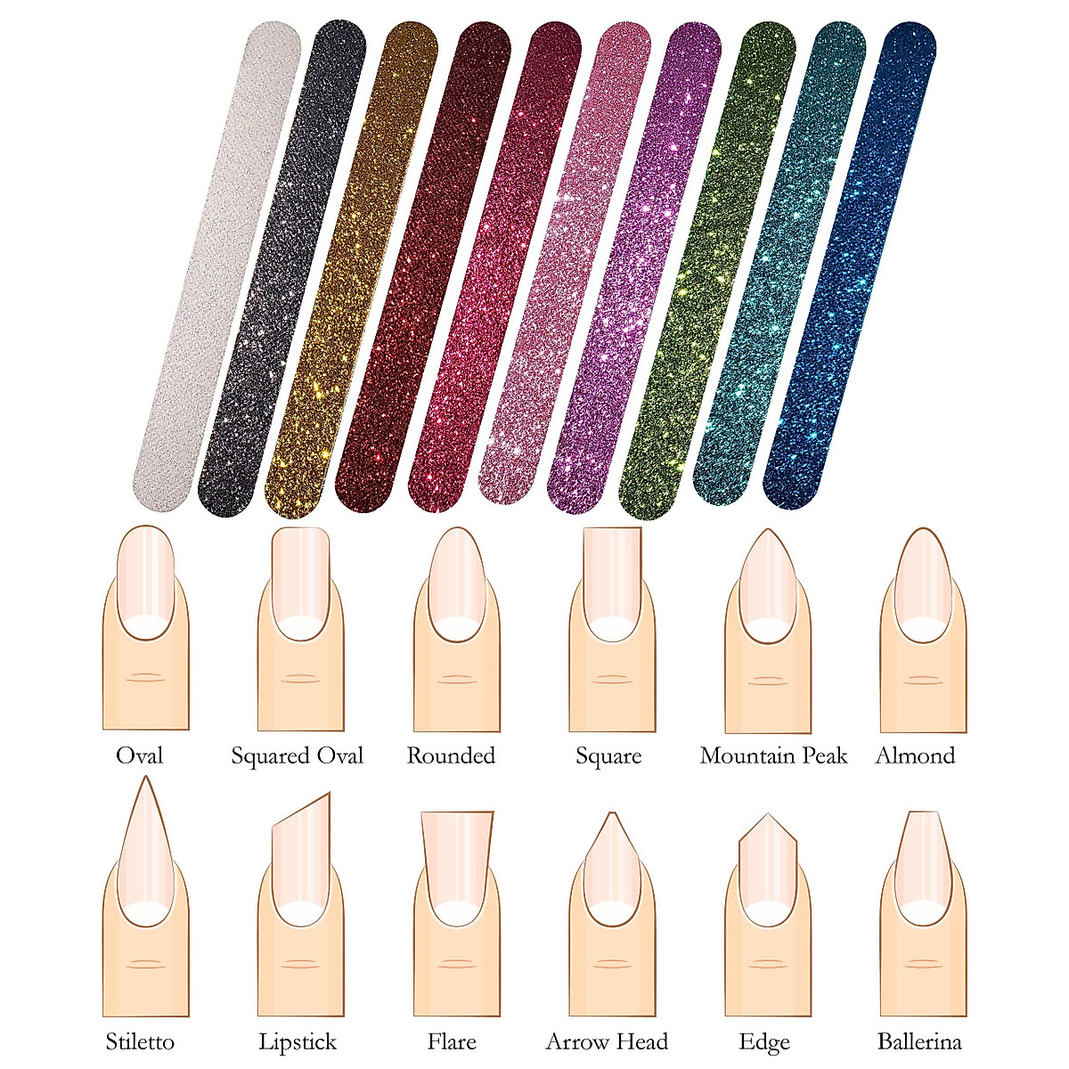 P2P Nails Glitter Colorful Nail File Strips - Manicure and Pedicure Nail Buffers - Double Sided Filers for Shaping and Smoothing Toenails and Fingernails (Regular, 10)