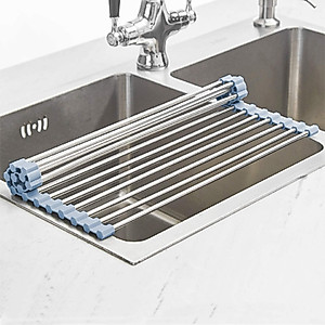 MECHEER Over The Sink Dish Drying Rack, Roll Up Dish Drying Rack Kitchen Dish Rack Stainless Steel Sink Drying Rack, Foldable Dish Drainer, Gray (17.5''x11.8'')