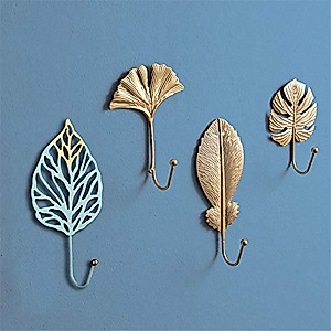 ORYOUGO Set of 8 Decorative Leaves Iron Hooks Plant Modern Key Holder Wall Mounted Single Prong Coat Hanger for Hallways, Living Room, Green+Gold