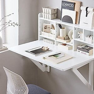 Haotian Wall Mounted Folding Table Drop-Leaf Floating Desk Trestle Desk Computer Table Writing Workstation with Storage Compartments, White, FWT07-II-W