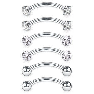 SCERRING 6PCS 16 Gauge 10mm Stainless Steel 3mm CZ Gems Shiny-Ball Curved Barbell Curved Barbell Eyebrow Cartilage Tragus Belly Lip Ring Studs - Silver