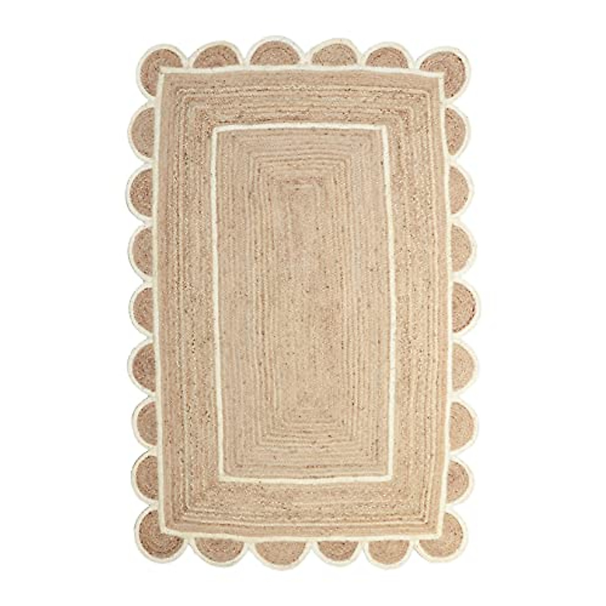 Weaving Village Scalloped Natural Jute Area Rug, Natural Base Off White Trim, 4x6