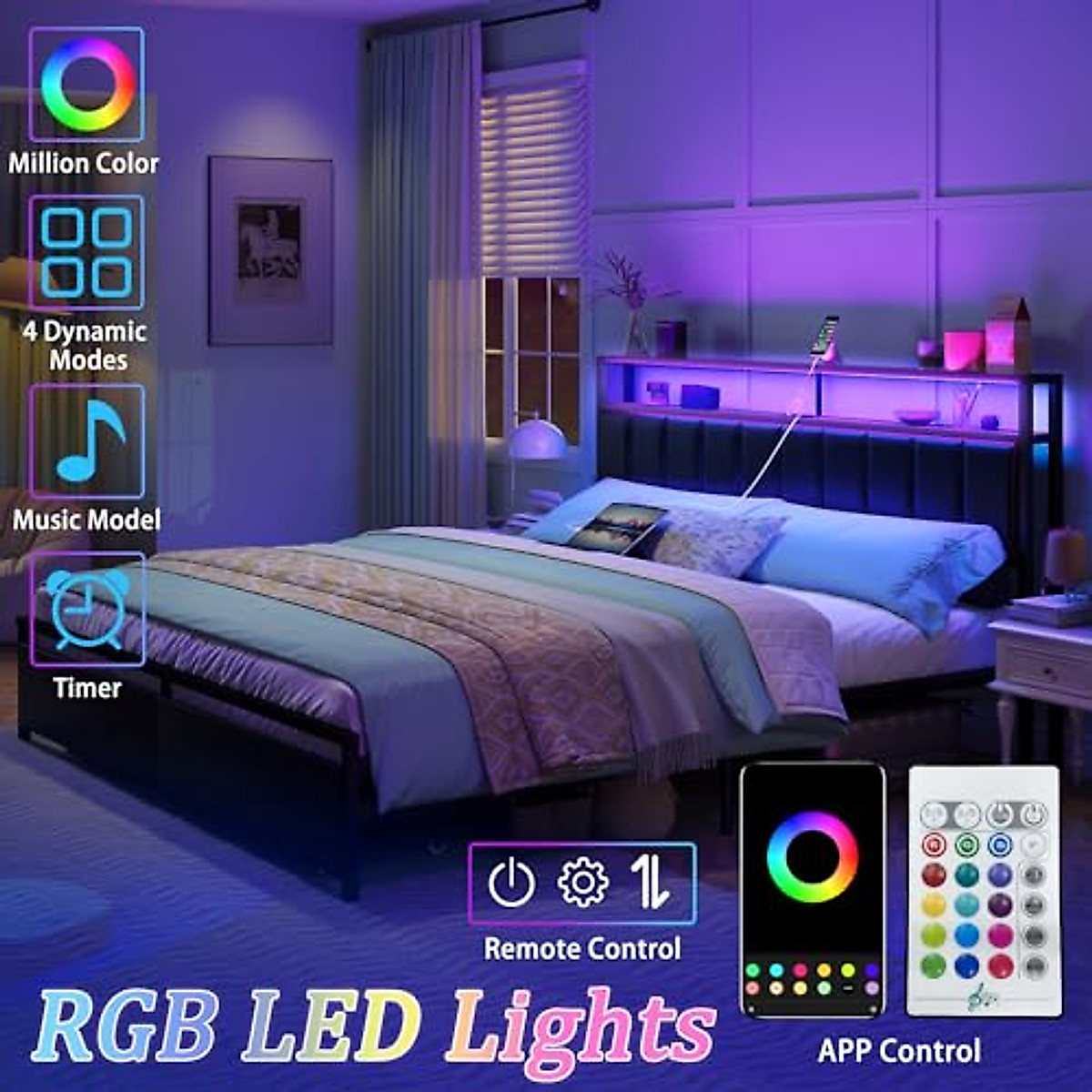 amerlife LED Bed Frame with Drawers, Full Platform Bed Frame with 2-Tier Storage & Leather Upholstered & Charging Station Headboard, No Box Spring Needed, Noise Free, Easy Assembly, Black