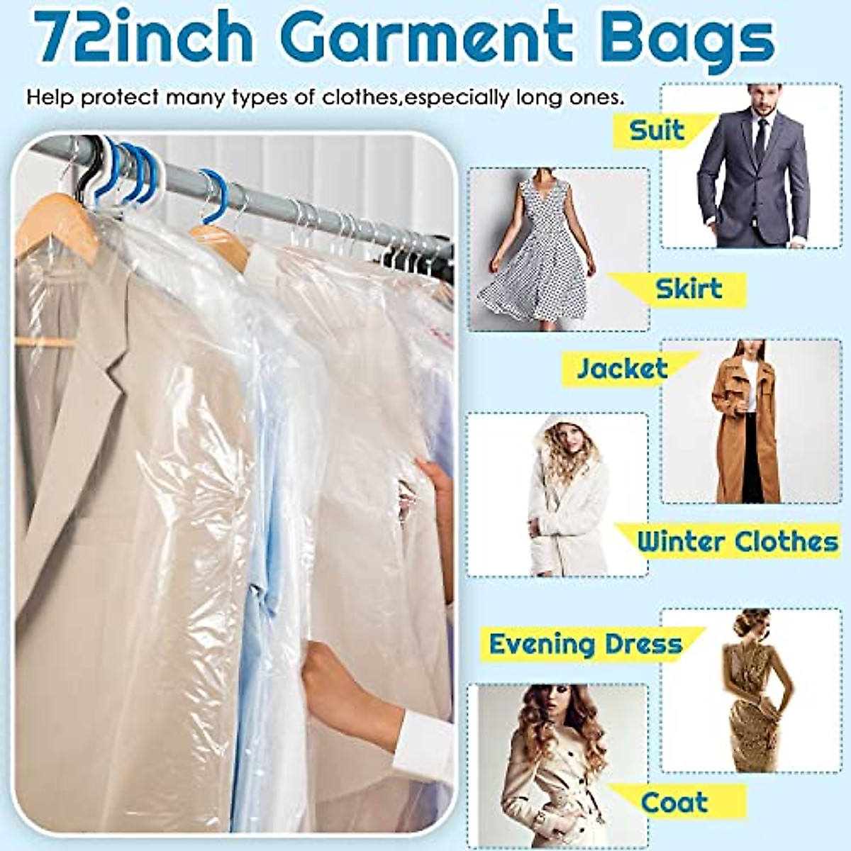 120 Pieces Long Dress Dry Cleaning Bags 72 Inch Clear Garment Bags for Hanging Clothes Plastic Garment Storage Cover Transparent Dust Cover for Laundrette Suits Wedding Gowns Coats Uniforms