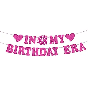 Pre-Strung In My Birthday Era Banner, NO-DIY Popular Singer Happy Birthday Banner Hot Pink Glitter Birthday Decorations Banner for Fans Girls Women Birthday Party
