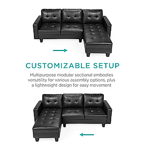 Best Choice Products Tufted Faux Leather 3-Seat L-Shape Sectional Sofa Couch Set w/Chaise Lounge, Ottoman Coffee Table Bench, Black