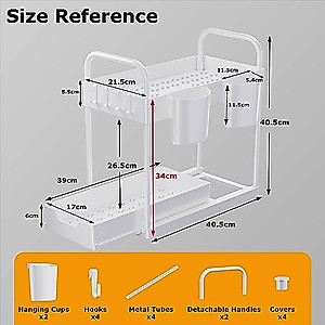Under Sink Organizer, 2 Tier Sliding Bathroom Organizer Cabinet Storage with Hooks, Hanging Cups, Handles, Multi-purpose Under Sink Shelf Organizer for Bathroom Kitchen(1 Pack)