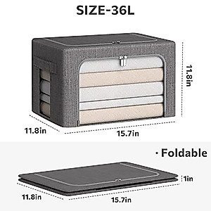 Clothes Storage Bins Box - Linen Fabric Foldable Stackable Container Organizer Set with Clear Window & Carry Handles & Metal Frame - 2Pack Large Capacity for Bedding, Blankets, Toys, Books (Dark Gray, Medium-36L)
