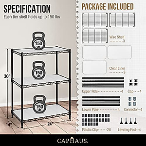 CAPHAUS NSF Adjustable Height Wire Shelving Unit w/Liner, Basement Storage Shelving, Metal Steel Storage Shelves, Garage Shelving Storage Organizer, Utility Shelf, 3-Tier No Wheels W/Liners, Black