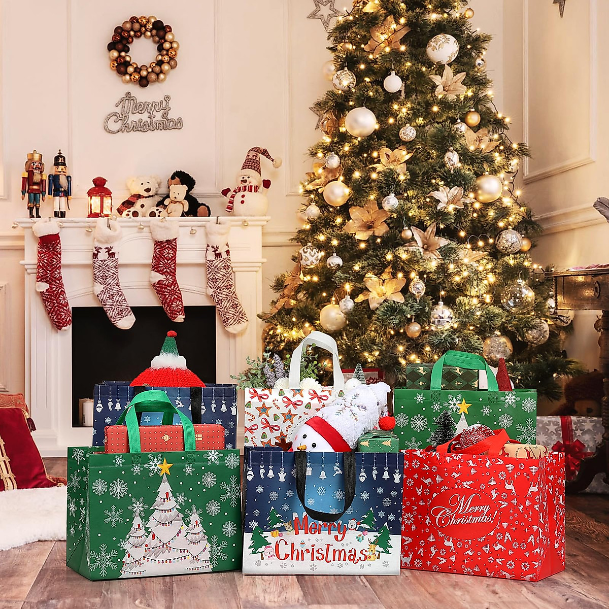 YANGTE 16 Pack Large Christmas Gift Bags with Tissue Paper, Bulk Reusable Christmas Tote Bags with Handles for Grocery Shopping Totes Xmas Event Party, 12.6" x 9.8" x 6.7"